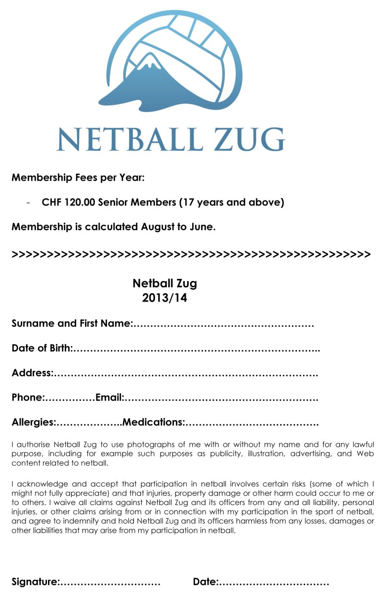 Senior Membership form | Netball Zug
